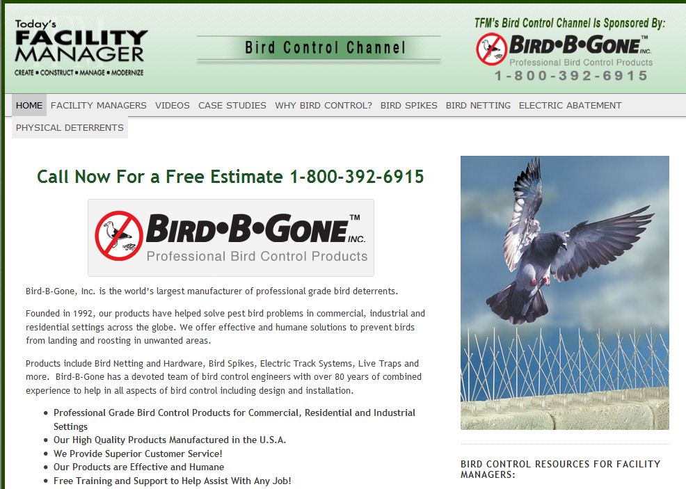 Bird-B-Gone Launches Bird Control Channel for Facility Managers - Bird ...