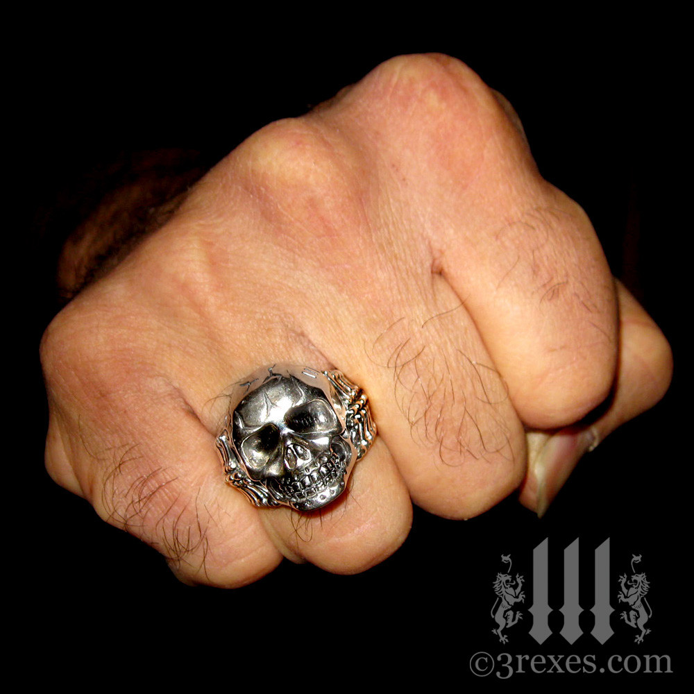 Mens Skull Ring | Sterling Biker Band | Designer Silver by 3 Rexes