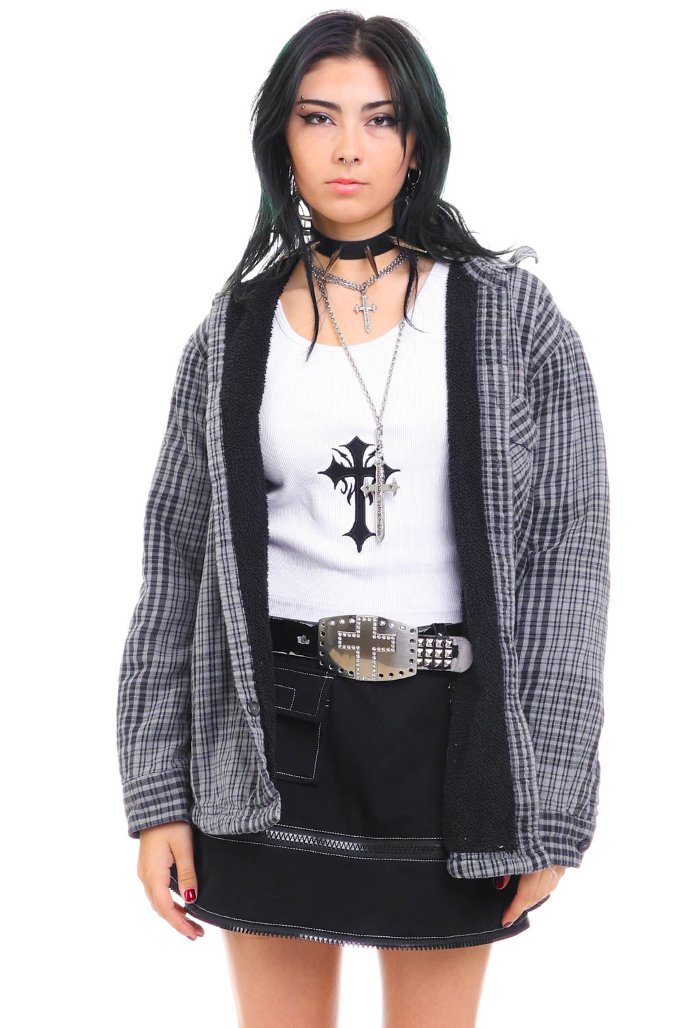 Vintage Y2K Gray Plaid Flannel Shirt Jacket - Tunnel Vision
