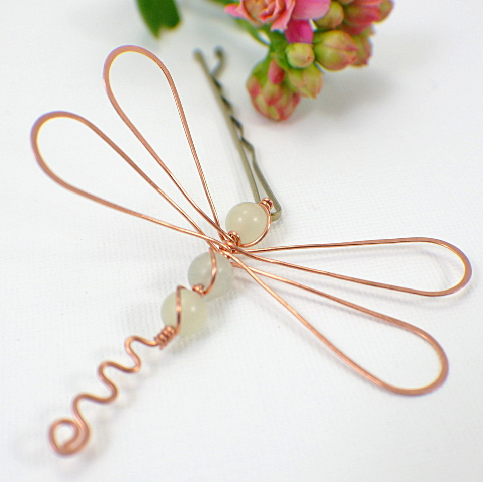Dragonfly hairpin copper wire & beads choose your color