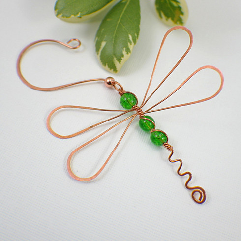 Wire dragonfly ornament copper & beads choose your color
