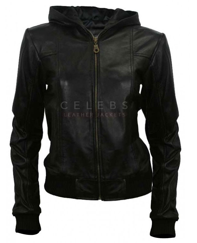 Women Hoodie Style Black Leather Jacket | CLJ