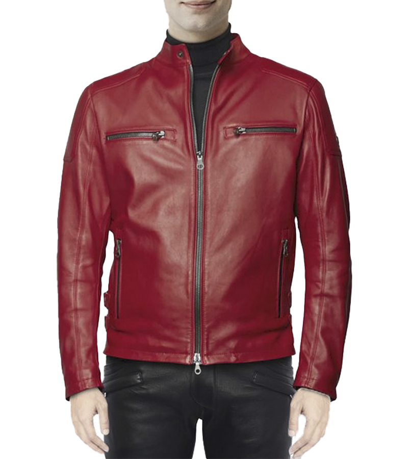 Mens Classic Red Biker Style Leather Jacket