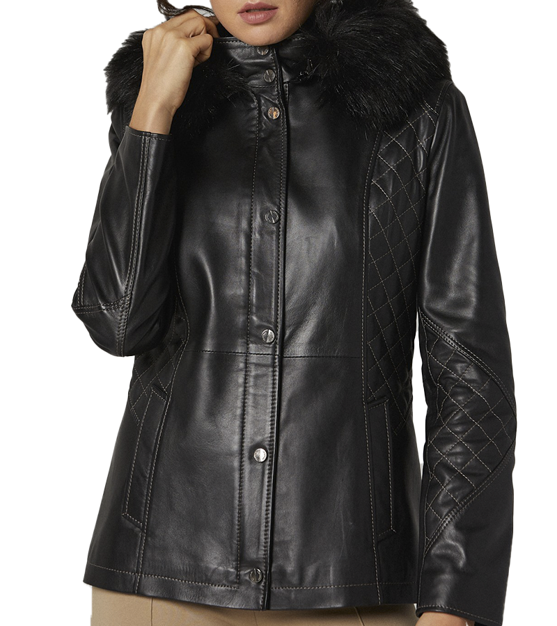 Womens Black Lambskin Leather Fur Hooded Jacket