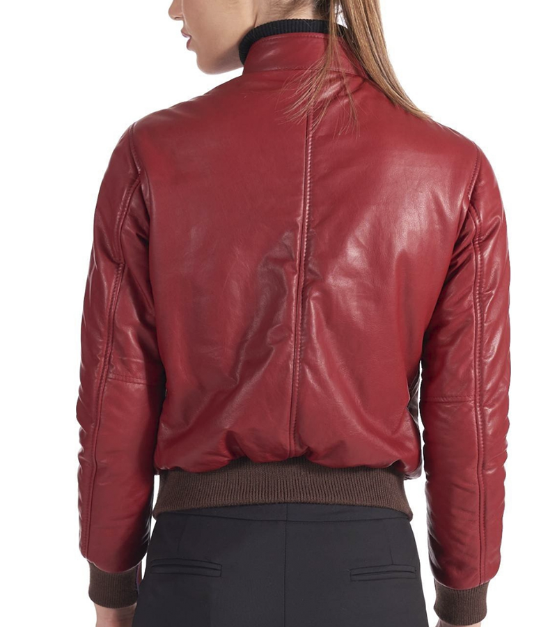 Womens Red Stylish Leather Bomber Jacket