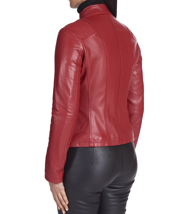 Womens Red Round Collar Biker Leather Jacket