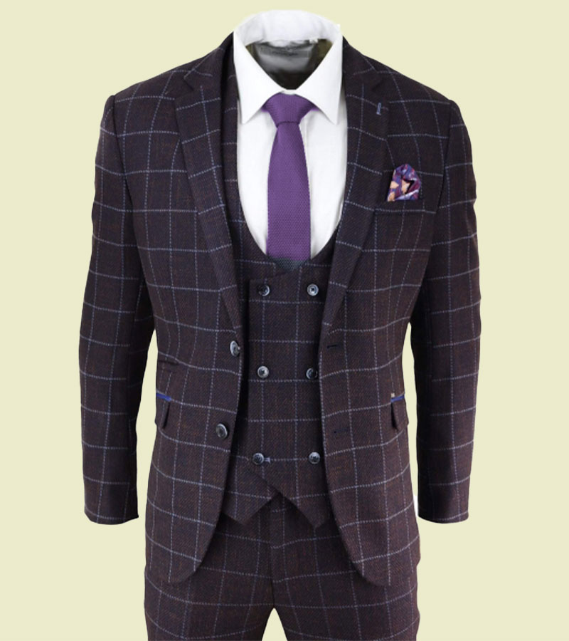 Mens Plum Checkered 3 Piece Suit