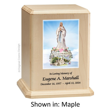 Our Lady of The Rosary Maple Wood Urn - Catholic Online Shopping ...