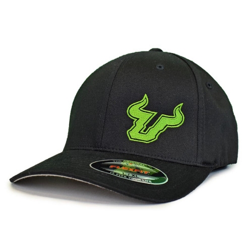 USF Logo Premium Slime Green Black Fitted Flex Hat - South Florida Strong