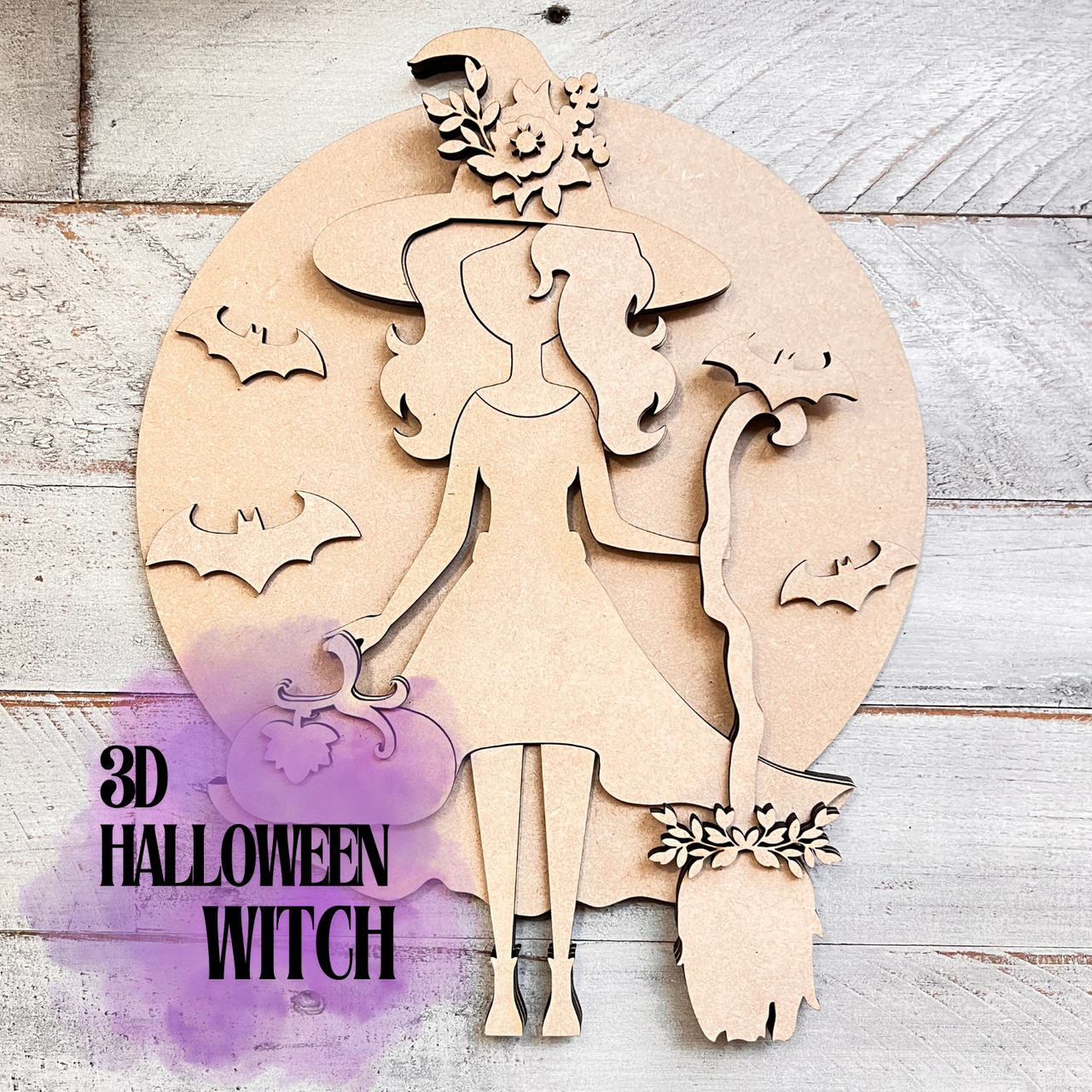 Cute Witch with Broomstick and Moon, 3D Unfinished MDF Halloween Craft ...