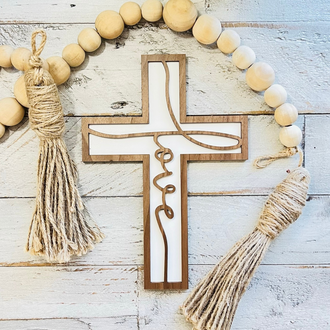 Wooden Cursive Love Cross | 2 Layer Wall Decor | Inspirational Cross