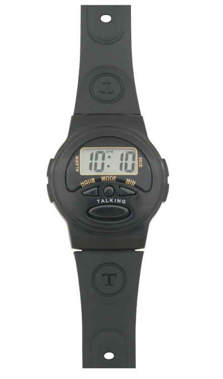 Digital talking watch has all setting buttons on the watch face for ...