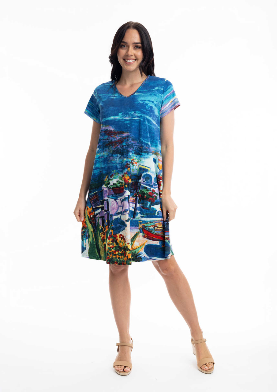 shop Orientique S/S V-neck Cotton Dress in SANTORINI Print (#20057)