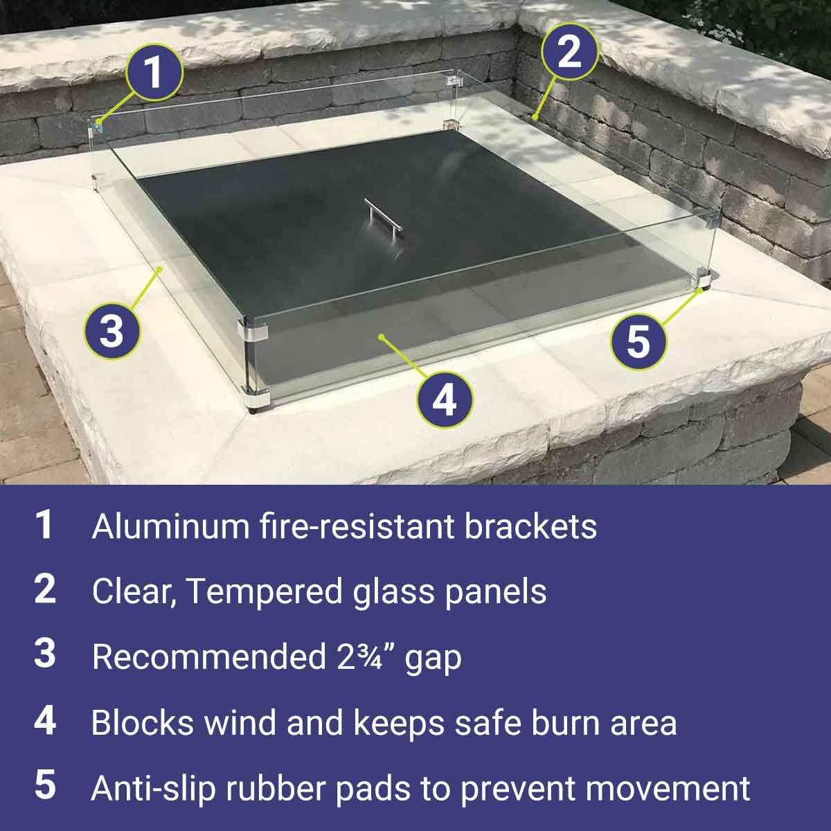 American Fire Glass FG-SQP-18 Fire Pit Glass Flame Wind Guard Square ...
