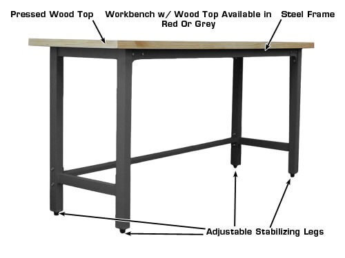 Workbench w/ Wood Top - Adjustable stabilizing legs (Red)
