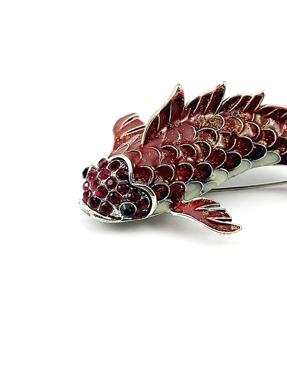 Red & Silver Enameled Koi Fish Pin with Rhinestones
