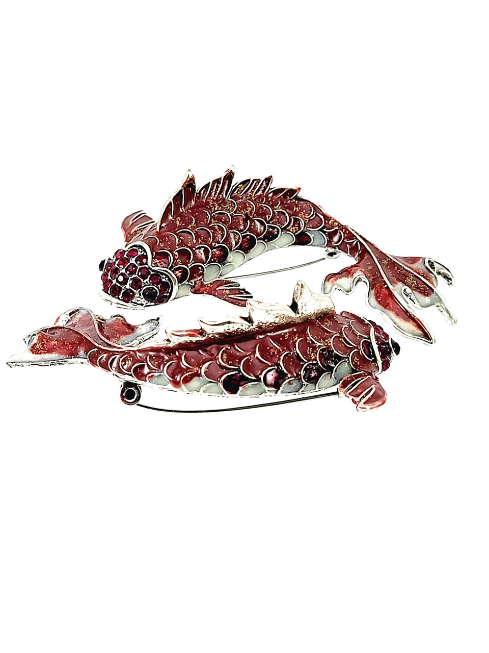 Red & Silver Enameled Koi Fish Pin with Rhinestones