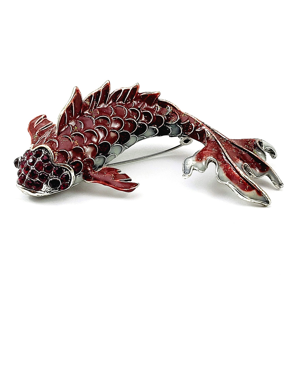 Red & Silver Enameled Koi Fish Pin with Rhinestones