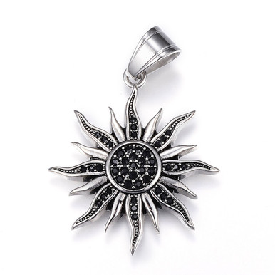Stainless Steel Antique Silver Sun Rhinestone Pendant