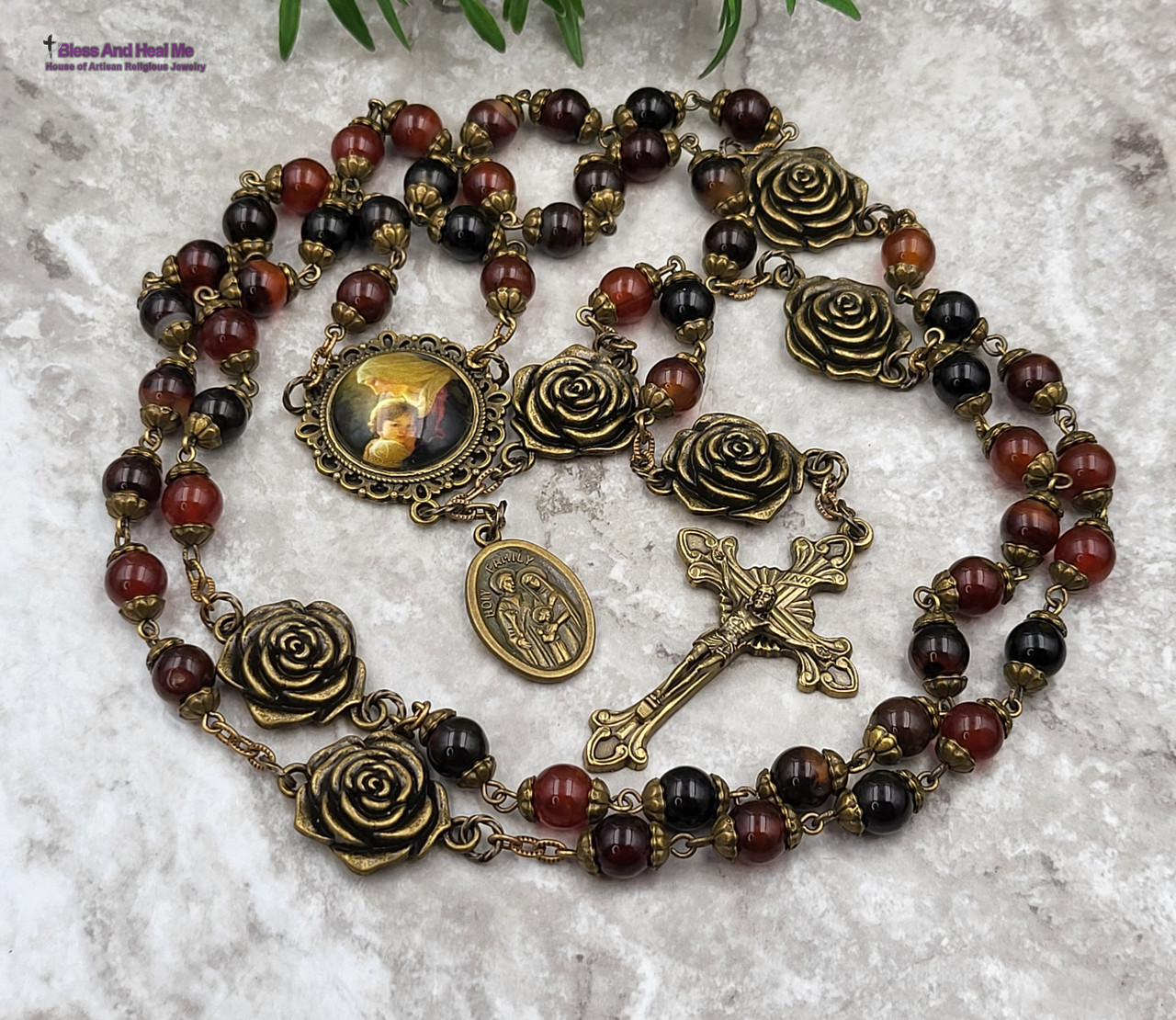 Mother Mary Roses Brown Agate Bronze Tone Ornate Rosary