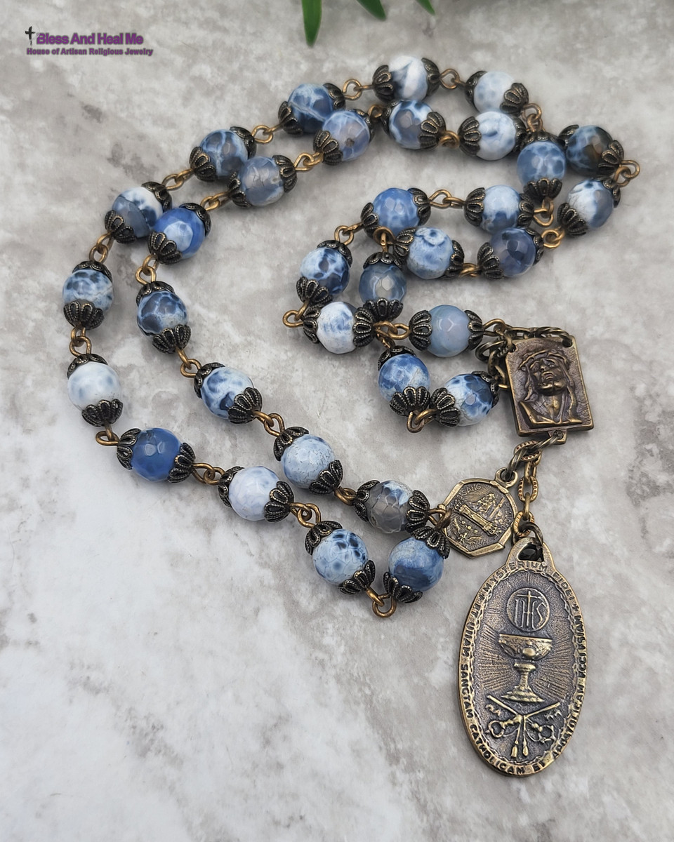 Holy Sacraments Blood of Jesus Holy Trinity Blue Agate Bronze Chaplet