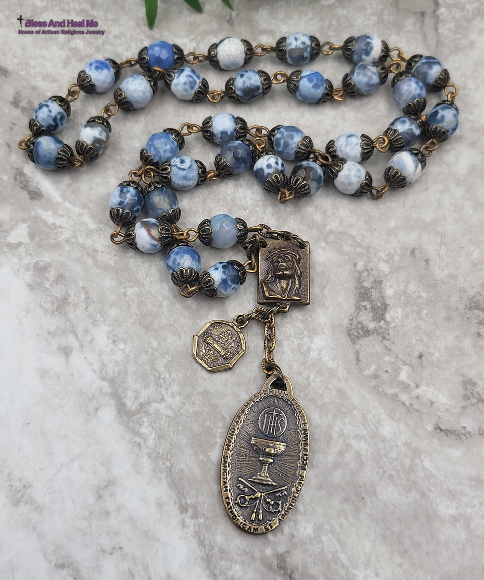 Holy Sacraments Blood of Jesus Holy Trinity Blue Agate Bronze Chaplet