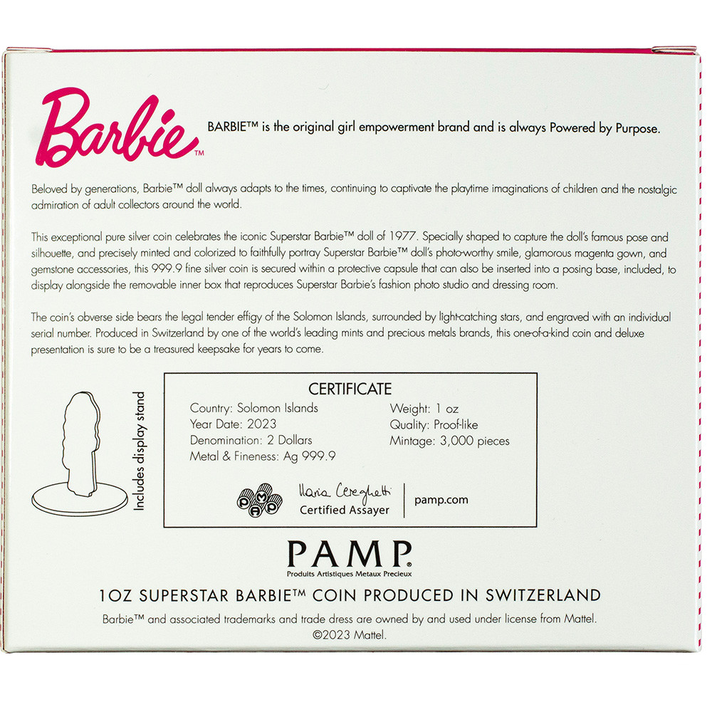 1 oz PAMP Suisse Silver 2023 Superstar Barbie Colored Coin $2 in Gift ...