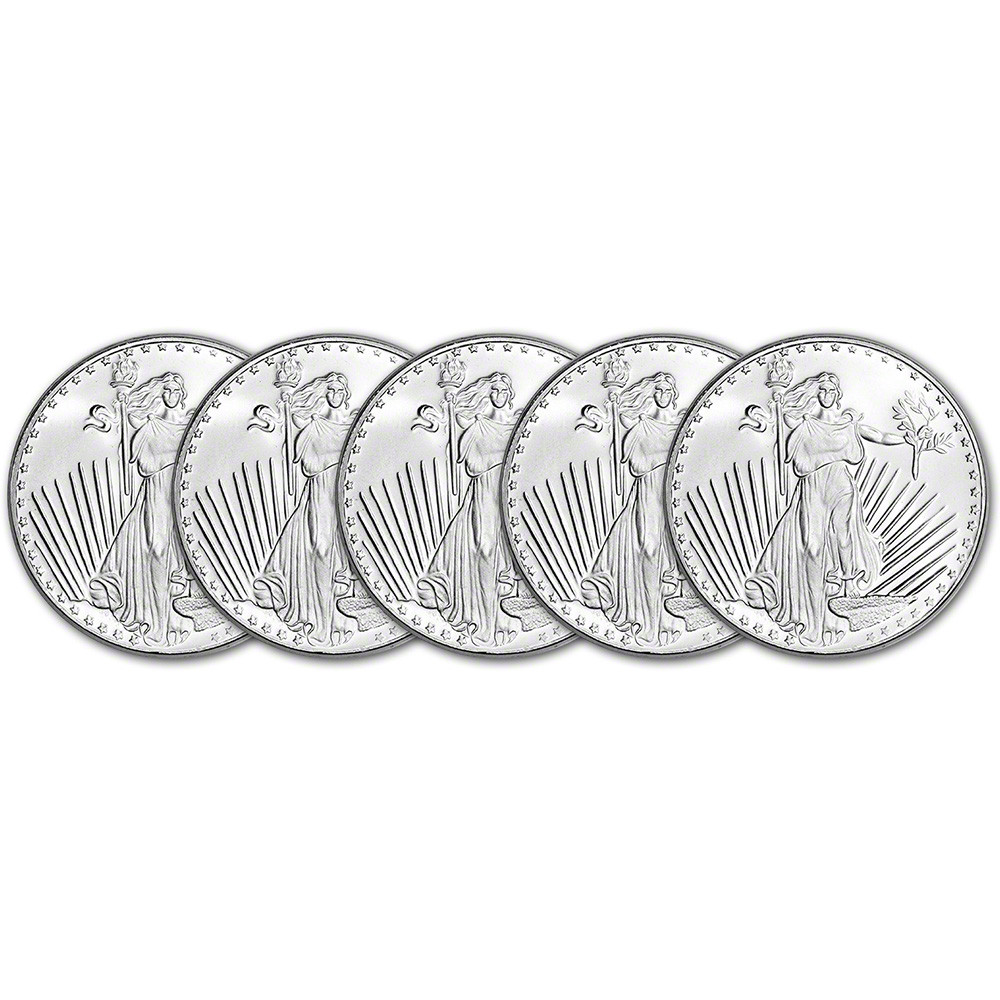 FIVE (5) 1 oz. Silvertowne Silver Round Saint-Gaudens Design .999 Fine ...