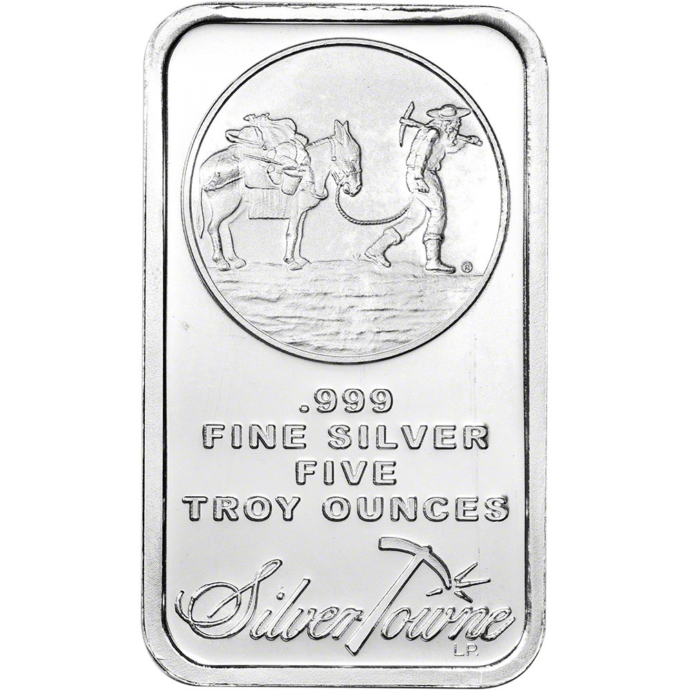 TEN 5 oz. SilverTowne Silver Bar - Trademark Prospector Design - 999 ...