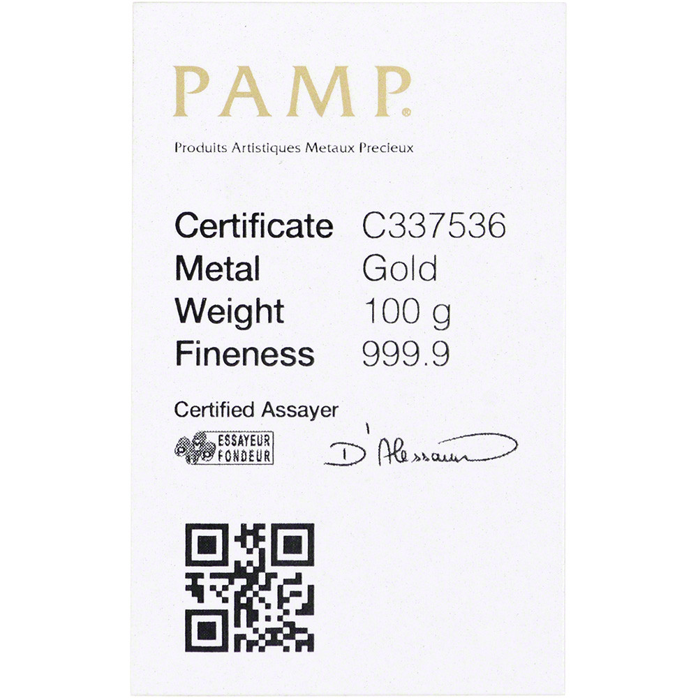 100 gram Gold Bar - PAMP Suisse - Poured - 999.9 Fine with Assay [GOLD ...