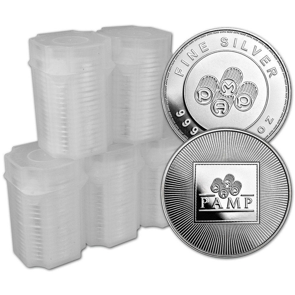100 pc 1 oz PAMP Silver Round - Logo Design .999 Fine 5 Tubes of 20 ...
