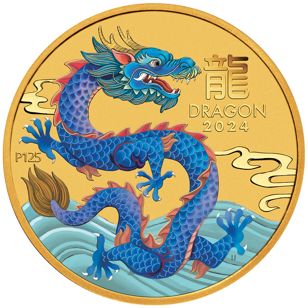 2024 P Australia Gold Colorized Lunar Year of the Dragon 1/20 oz $5 ...