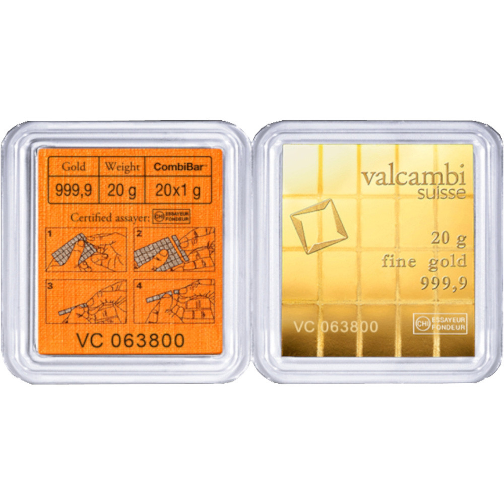 Valcambi Suisse 20x1 Gram Gold CombiBar (0.64 oz) with Assay Card ...