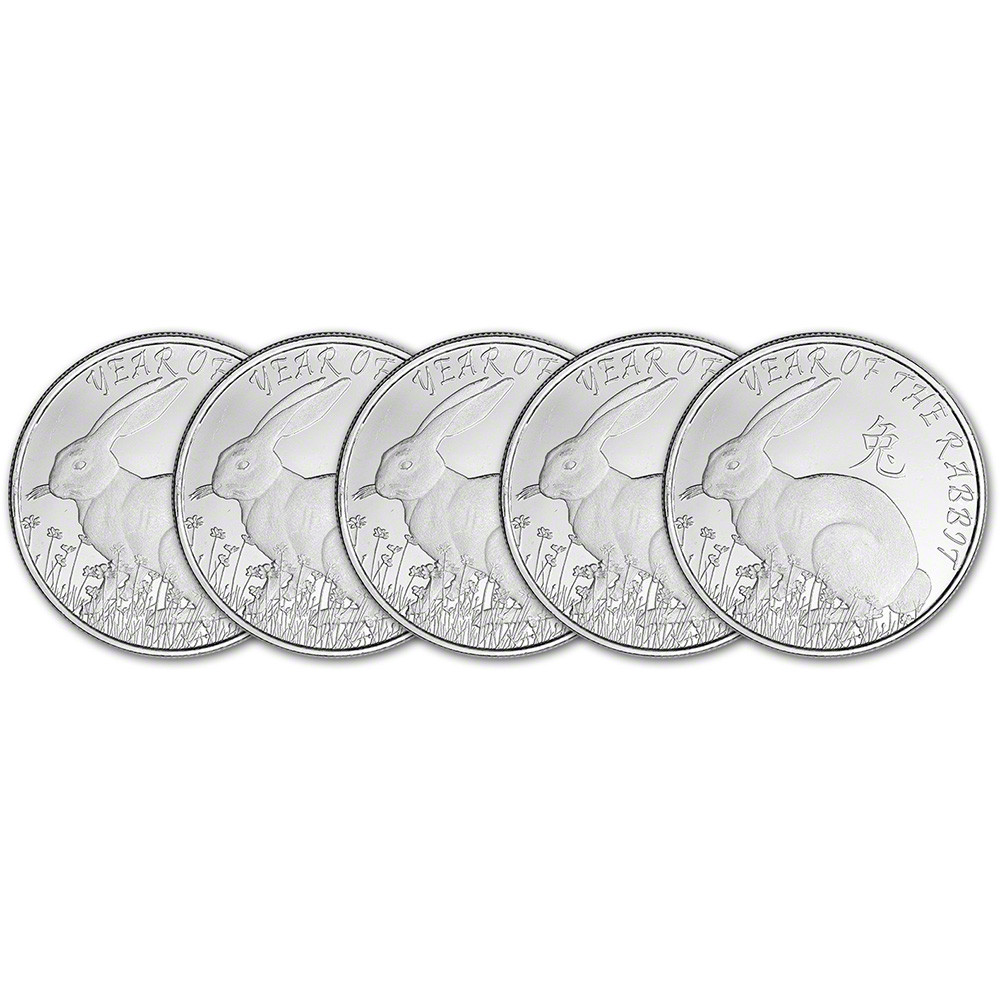 FIVE (5) 1 oz Highland Mint Silver Round Lunar Year of the Rabbit .999 ...
