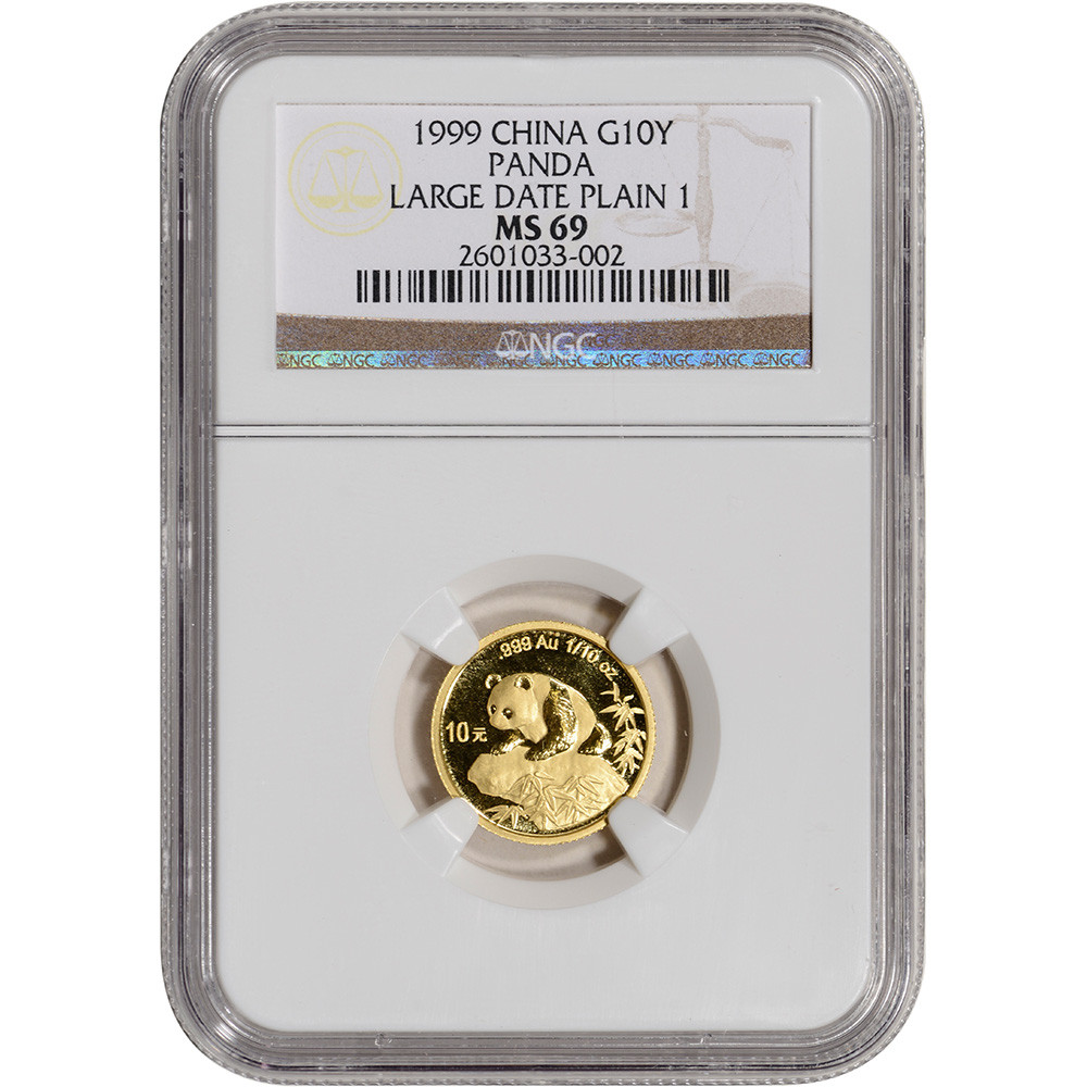 1999 China Gold Panda 1/10 oz 10 Yuan - Large Date Plain 1 - NGC MS69 ...