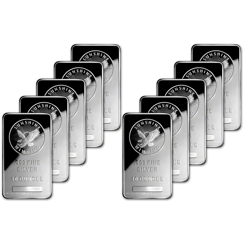 TEN (10) 10 oz. Silver Bars - Sunshine Minting - .999 Fine [SILVER-Bar ...