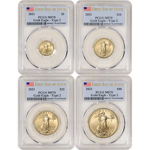 2021 American Gold Eagle Type 2 4-pc Year Set - PCGS MS70 First Day of ...