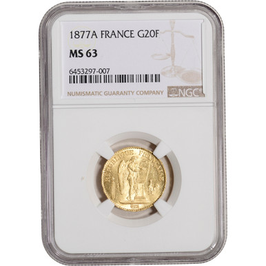 1877 A France Gold 20 Francs - NGC MS63 [WG-02879] - Liberty Coin