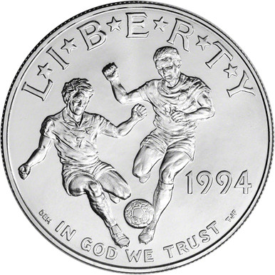 1994 D US World Cup Commemorative BU Silver Dollar - Coin in Capsule ...