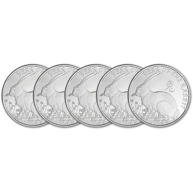 FIVE (5) 1 oz Highland Mint Silver Round Lunar Year of the Rabbit .999 ...