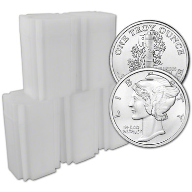 100-pc 1 oz Silver Round CNT Mercury Dime Design .999 Fine 5 Tubes of ...