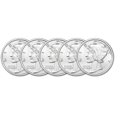 FIVE (5) 1 oz Silver Round CNT Mercury Dime Design .999 Fine [SILVER ...