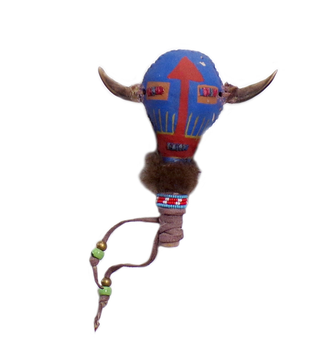 Native American Hand Made Mini Buffalo Rattle: Blue w Red Arrow