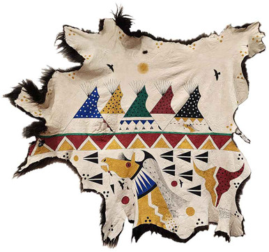 Native American Hand Painted Buffalo Robe: 5 Lodges