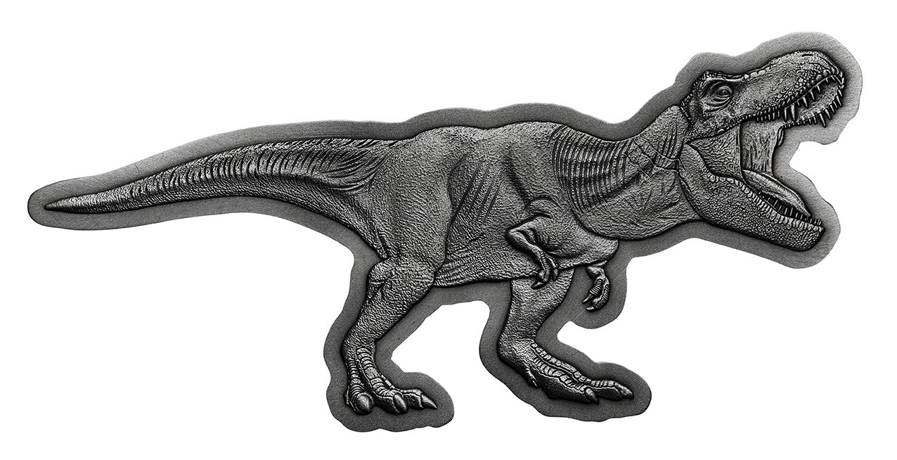 2021 Jurassic Park 2oz Silver Antiqued T.Rex Shaped Coin - Presented by ...