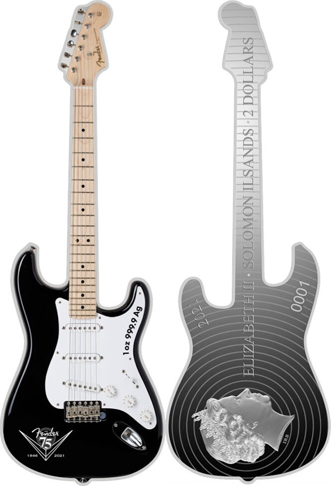 FENDER Stratocaster Guitar 75th Anniversary 1 Oz Silver Coin 2$ Solomon ...