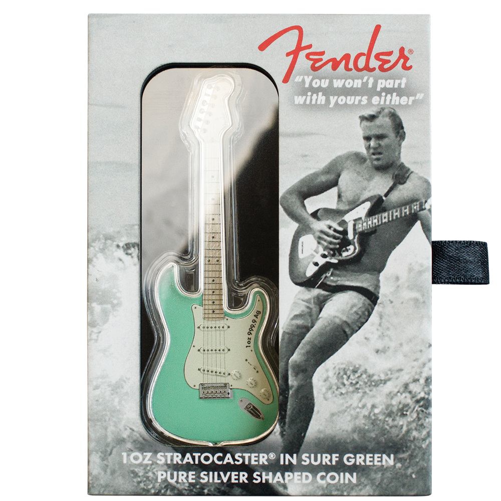 2022 Fender® 1oz Stratocaster® Shaped Coin in Surf Green - Presented by ...