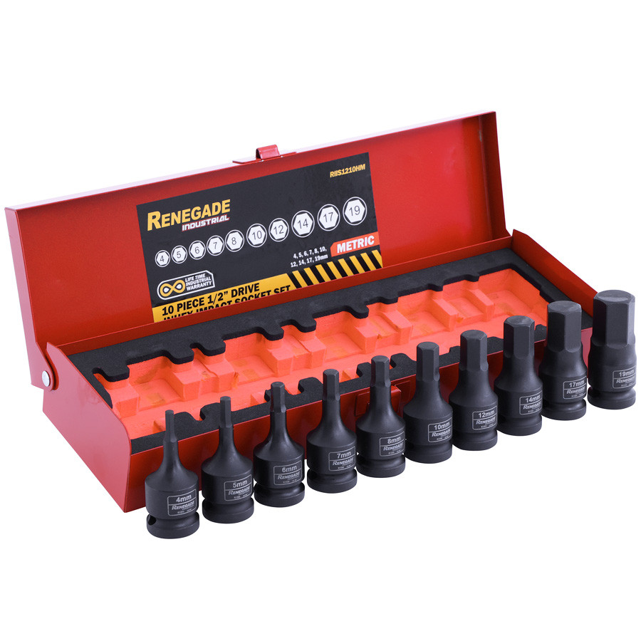 Renegade Industrial 1/2" Drive 10 Piece Metric Inhex Impact Sockets Set ...