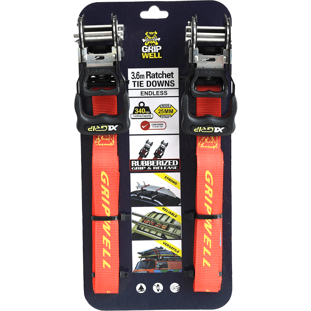 Gripwell 3.6m x 25mm 340kg Heavy Duty Endless Ratchet Tie Down - 2 Pack ...