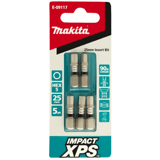 Makita Impact XPS HEX5 x 25mm Insert Bits - 5 Pack - E-09117 | TradeTools